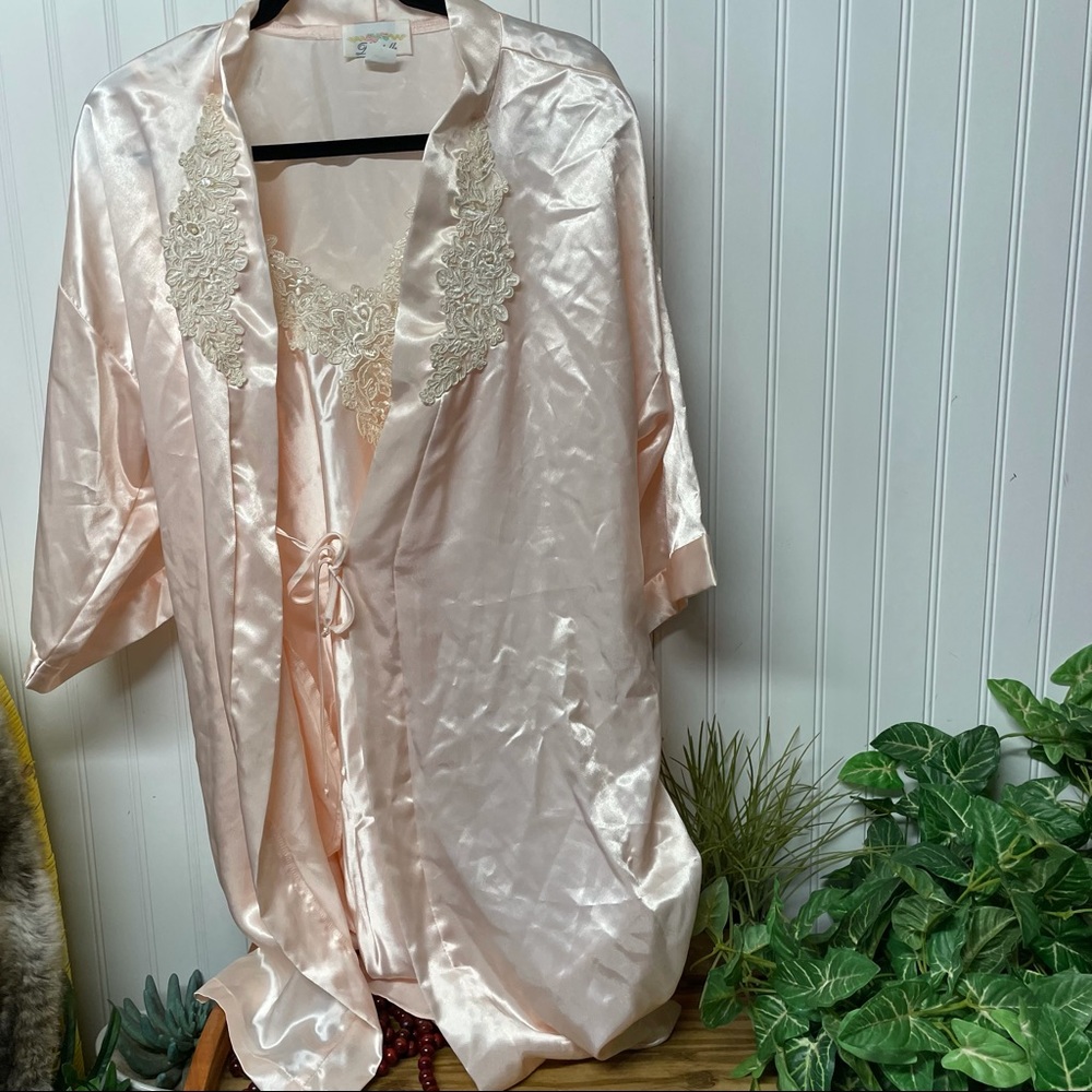 Dentelle Fine Pink Satin Nightgown And Robe Large - Gem